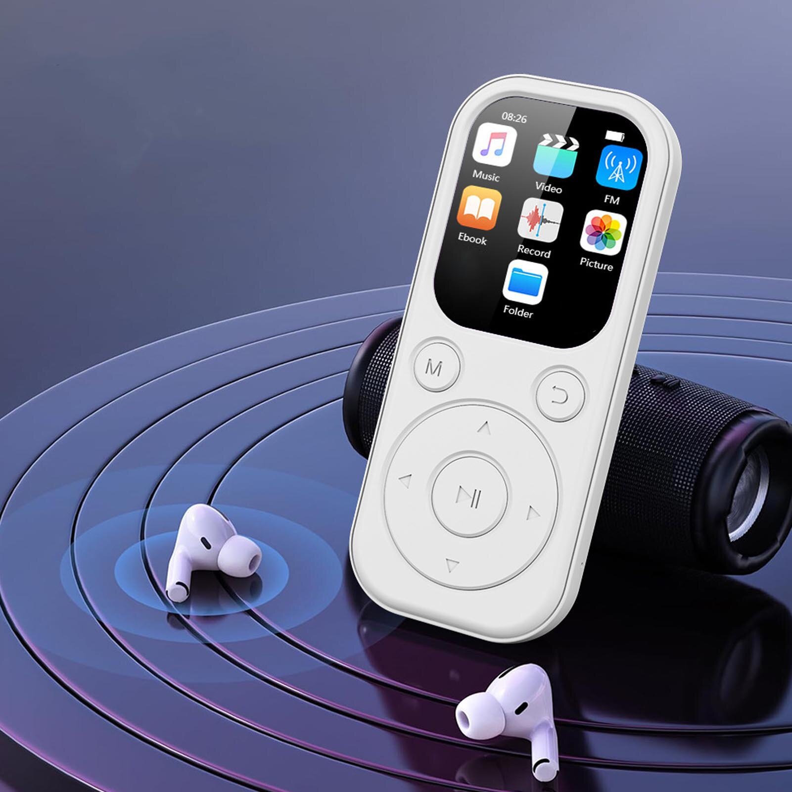 MP3 Player с Bluetooth 5.4, HiFi Speaker, Voice Recorder, экран 2.01 дюйма, портативный музыкальный плеер без карты памяти, White, размер 92x39.8x8 мм, 26 г, встроенная батарея 500mAh, разъем Type C, разъем наушников 3.5mm, материал ABS