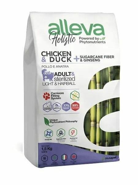 Корм для кастрированных котов и стерилизованных кошек Alleva Holistic с курицей и уткой, волокнами сахарного тростника и женьшенем