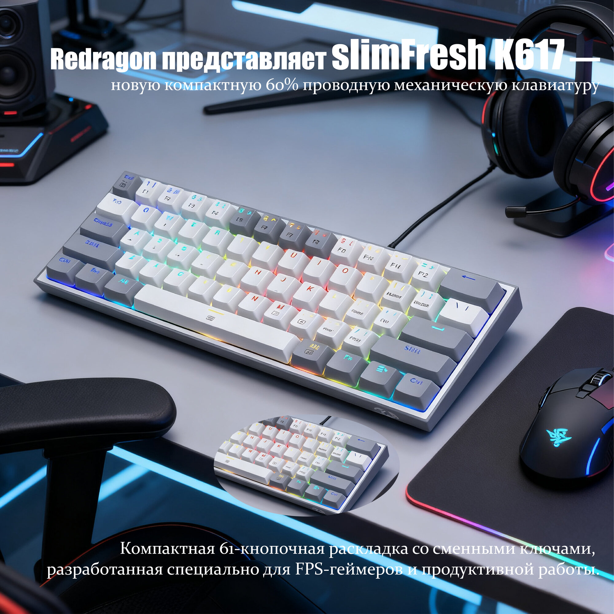 Игровая клавиатура Redragon K617 Fizz 60% Wired RGB, 61 клавиша，Красная ось