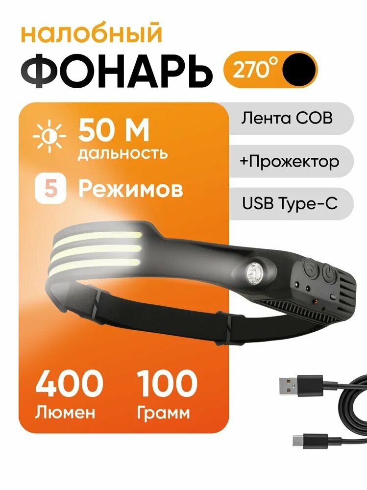 Фонарь налобный аккумуляторный, фонарик мощный, 5 режимов работы