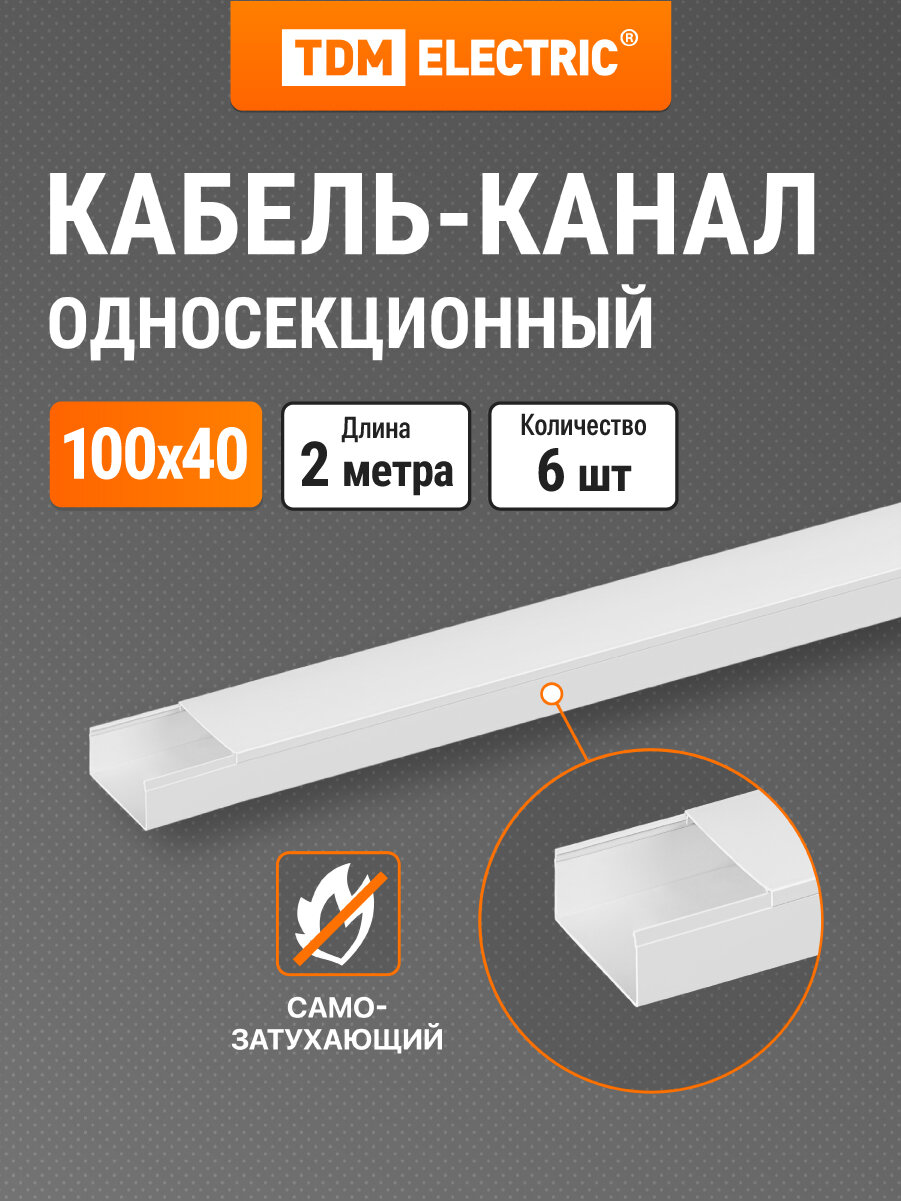 Кабель-канал белый 100х40, 2 метра, упаковка 6 штук TDM Electric