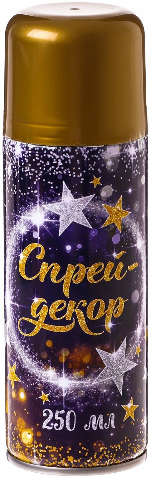 Спрей - блёстки для новогоднего декора, 250 мл, декоративный аэрозоль в баллончике, для творчества и рукоделия, для украшения и декорирования поделок, для рисунков на окне, цвет золотой
