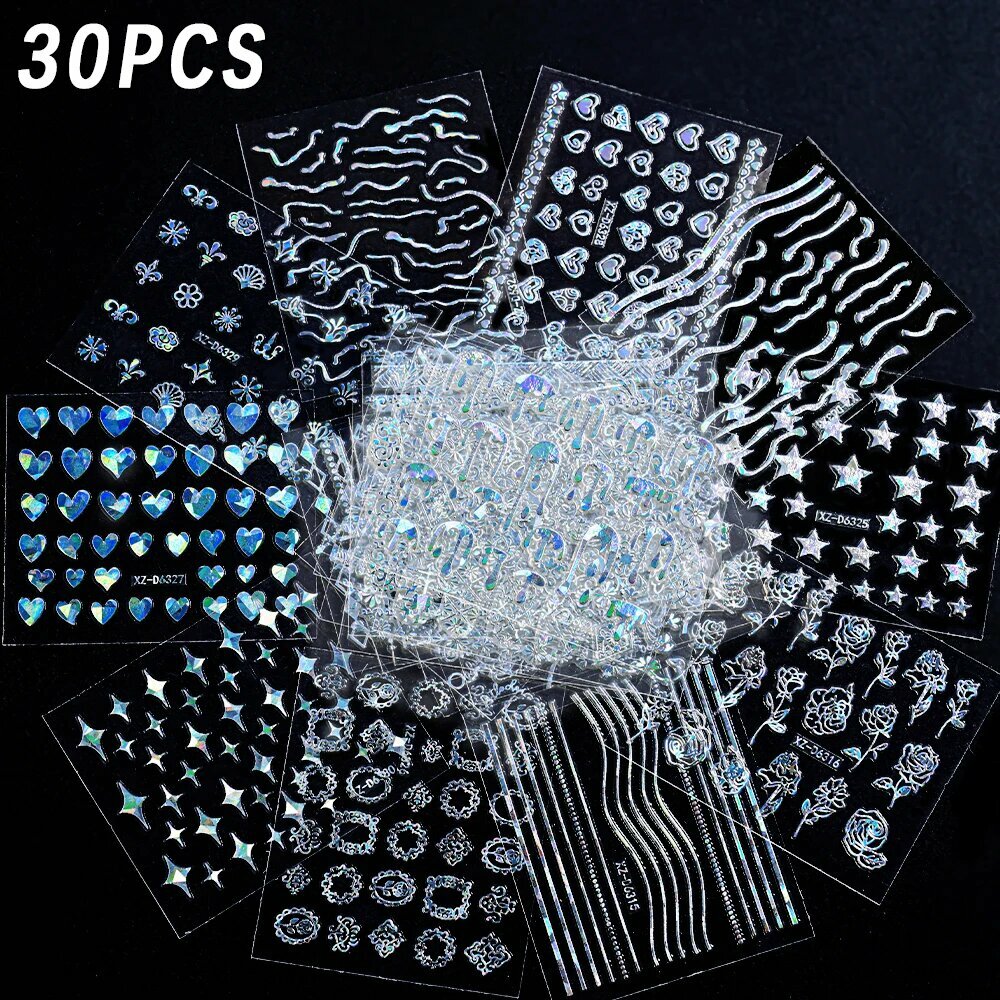 30 шт. наклейки для ногтей HotPress 3D золотые ретро Laser Silver