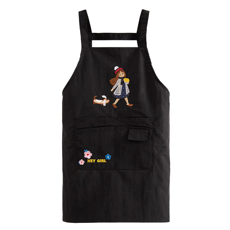 Милый мультяшный фартук для женщин – водоотталкивающие кухонные фартуки с вышитым рисунком девочки и собаки, регулируемыми лямками и карманом – лёгкий кухонный фартук для использования дома или в ресторане