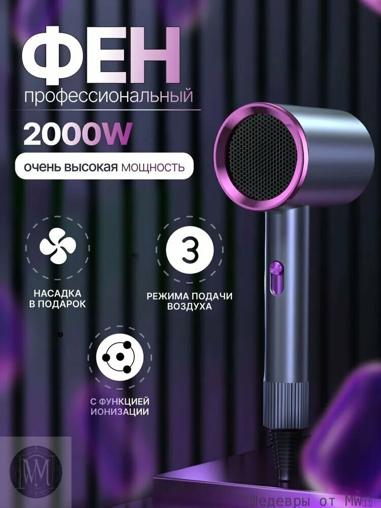 Фен для волос Фен с эффектом ионизации_4JD250917-ZYX002 2000 Вт, скоростей 2, кол-во насадок 1, серый металлик, розовый