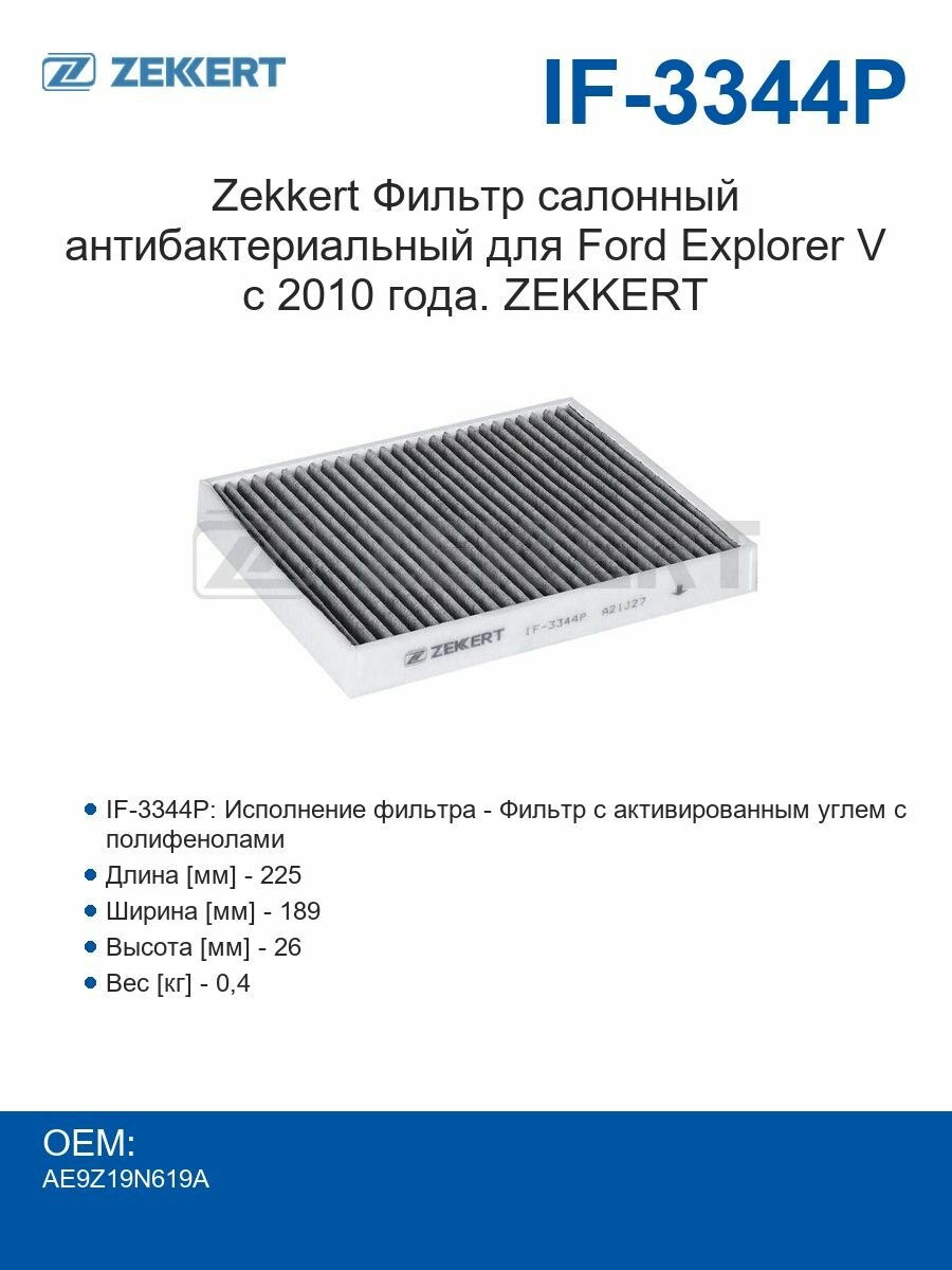Zekkert Фильтр салонный антибактериальный для Ford Explorer V с 2010 года. ZEKKERT