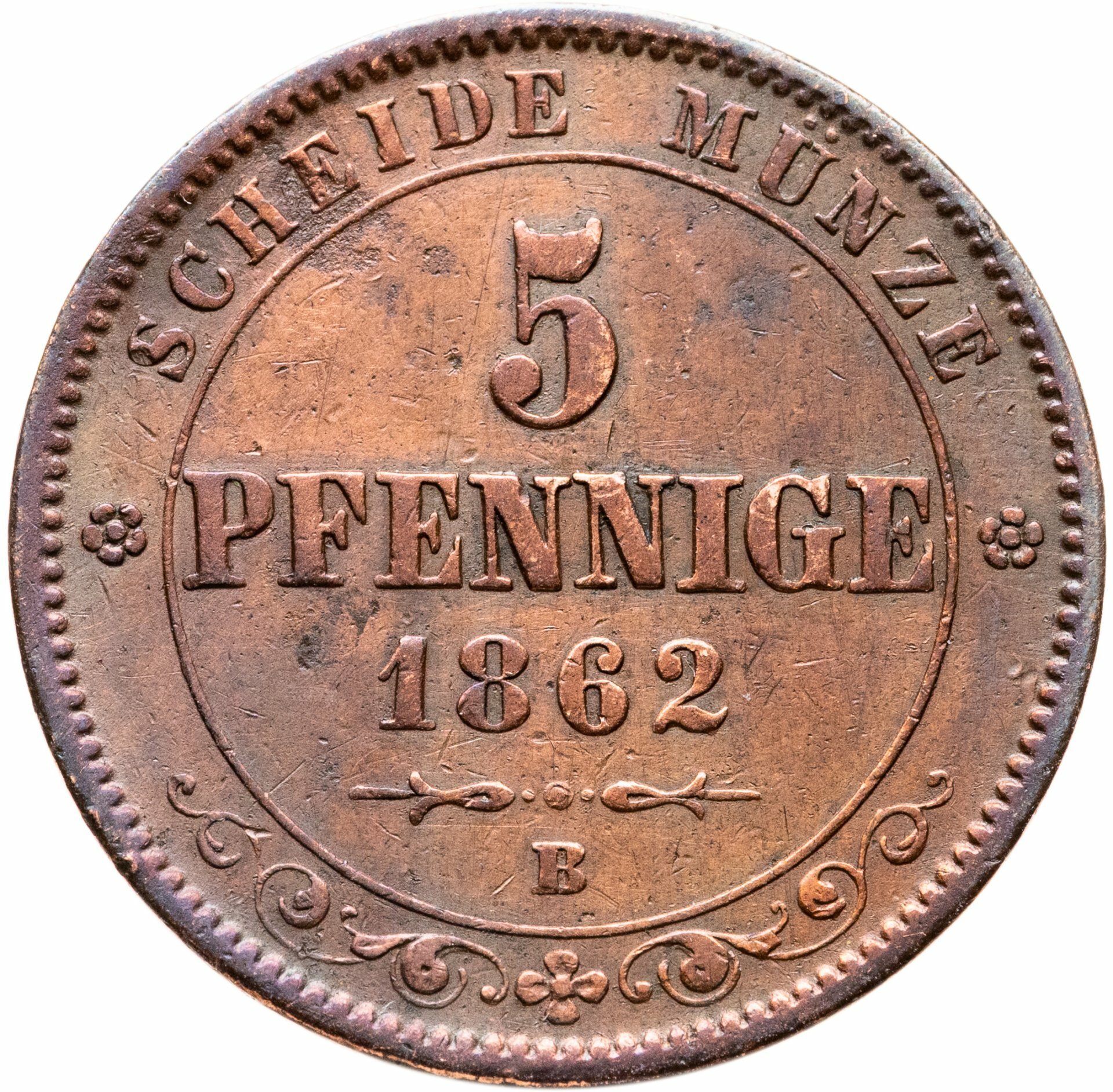 Германия Саксония 5 пфеннигов pfennig 1862, Медь, в сохранности XF