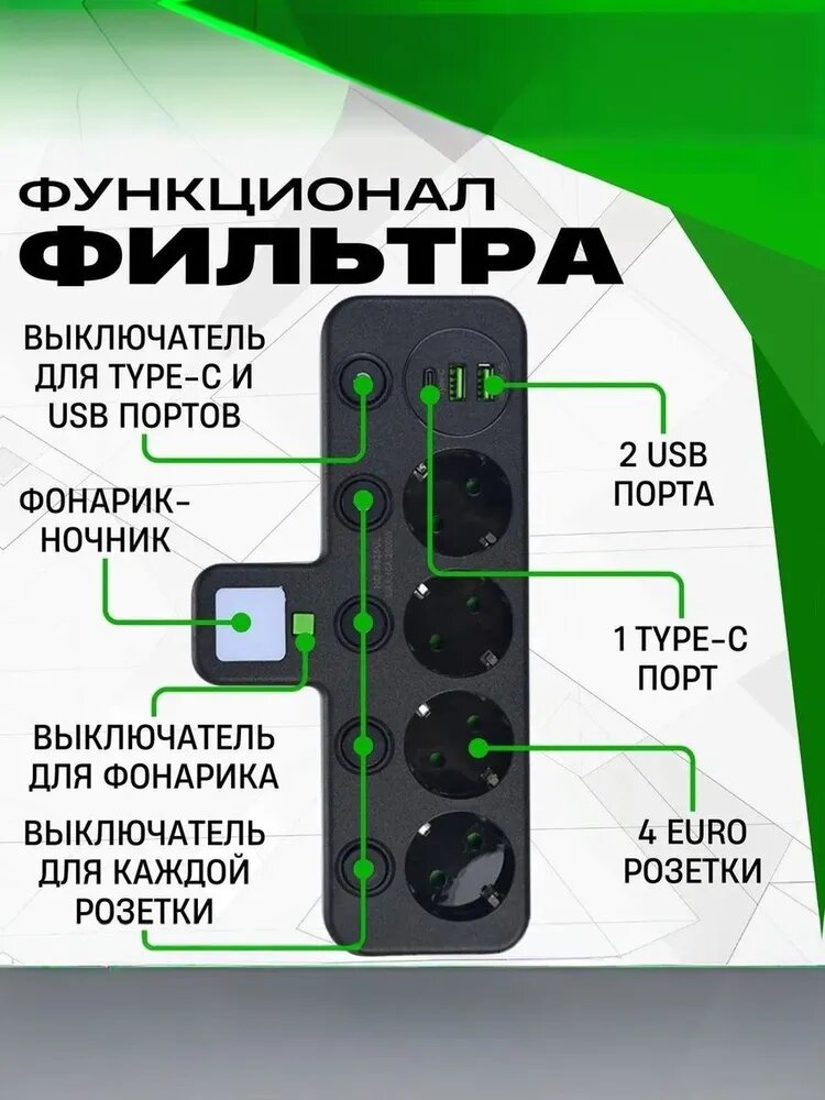 Штепсельный разъем Тройник-разветвитель с 4 евро розетками, 2 USB, 1 Type-C, фонарик-ночник — фото 1
