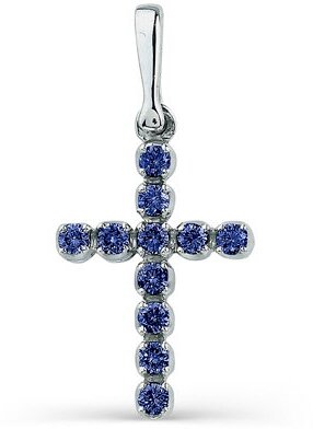 Крестик, золото, 585 проба, сапфир