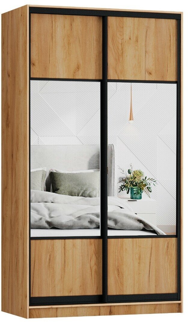 Шкаф купе Долорес 2, Легкомаркет, 140х60х220, белье/платье, дуб крафт золотой, профиль черный глянец, с зеркалом