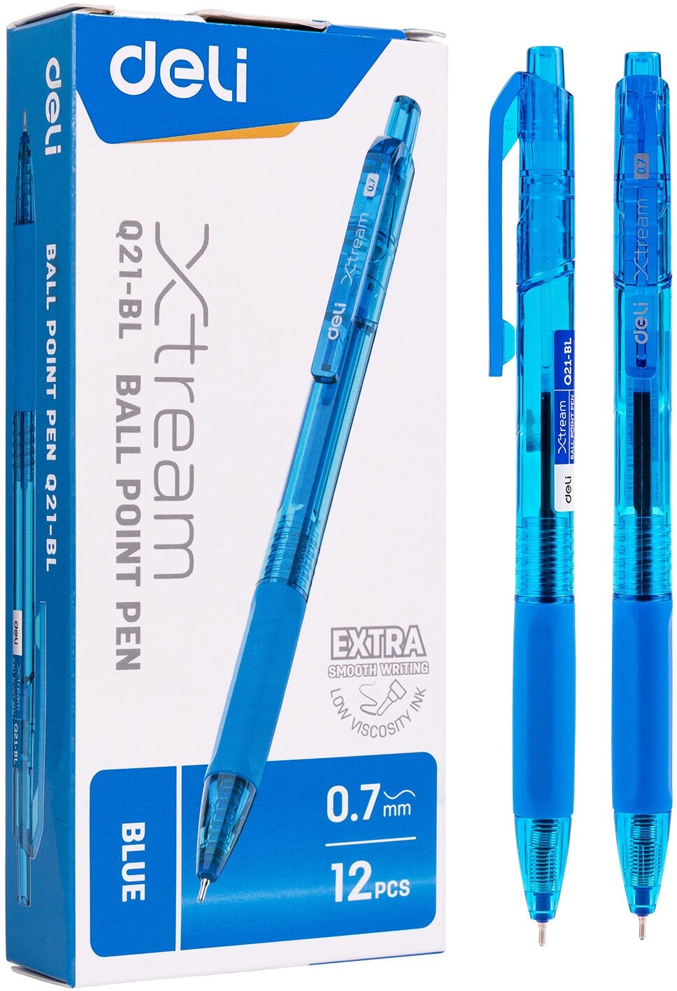 Ручка шариков. автоматическая Deli X-tream EQ21-BL синий/прозрачный d=0.7мм син. черн. резин. манжет