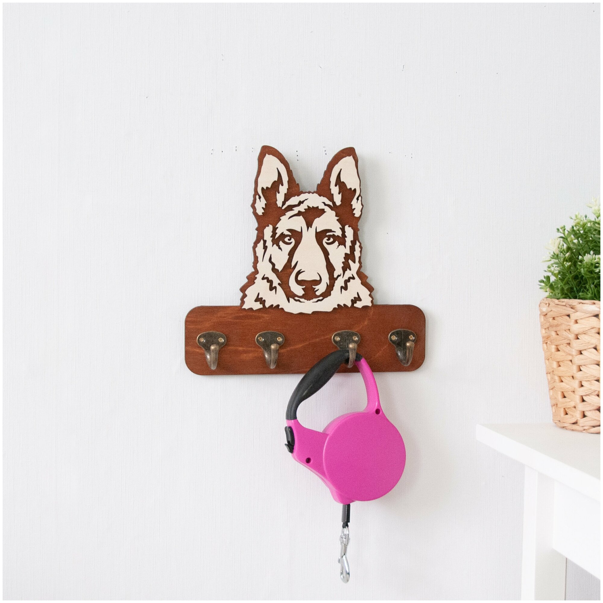 Держатель для поводков из дерева Овчарка, настенная вешалка для поводков с 4 крючками, подарок собаководу, ключница настенная