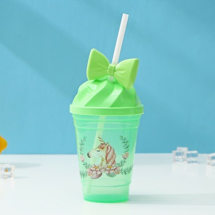 Стакан пластиковый с трубочкой и крышкой Доляна Единорог, 400 мл, микс, 12 шт.
