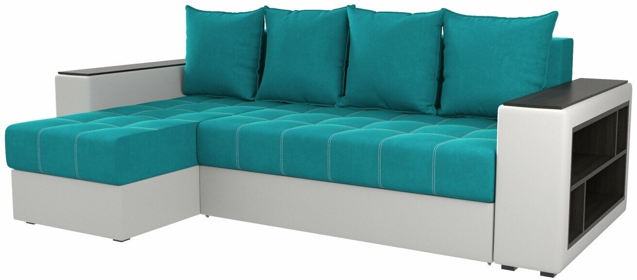 Угловой Диван Дубай М, Велюр, Светло-бирюзовый/Экокожа Белый, Угол левый, Ящик для белья 258 х160 х80 см
