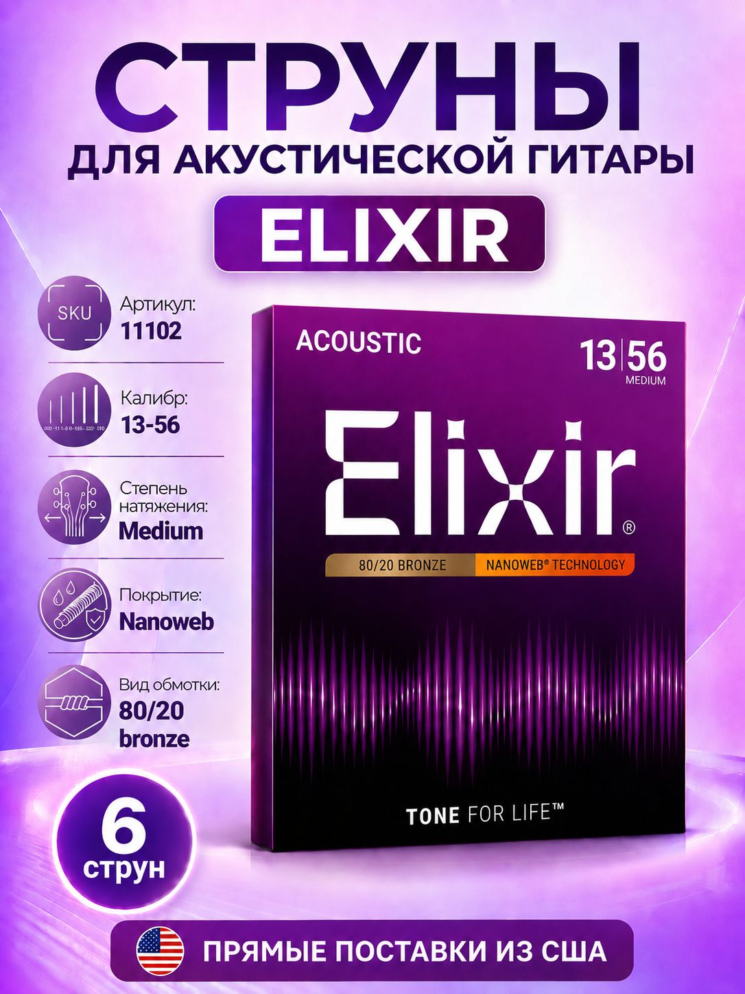 Струны для акустической гитары Elixir 11102 Nanoweb Medium Bronze, 13-56
