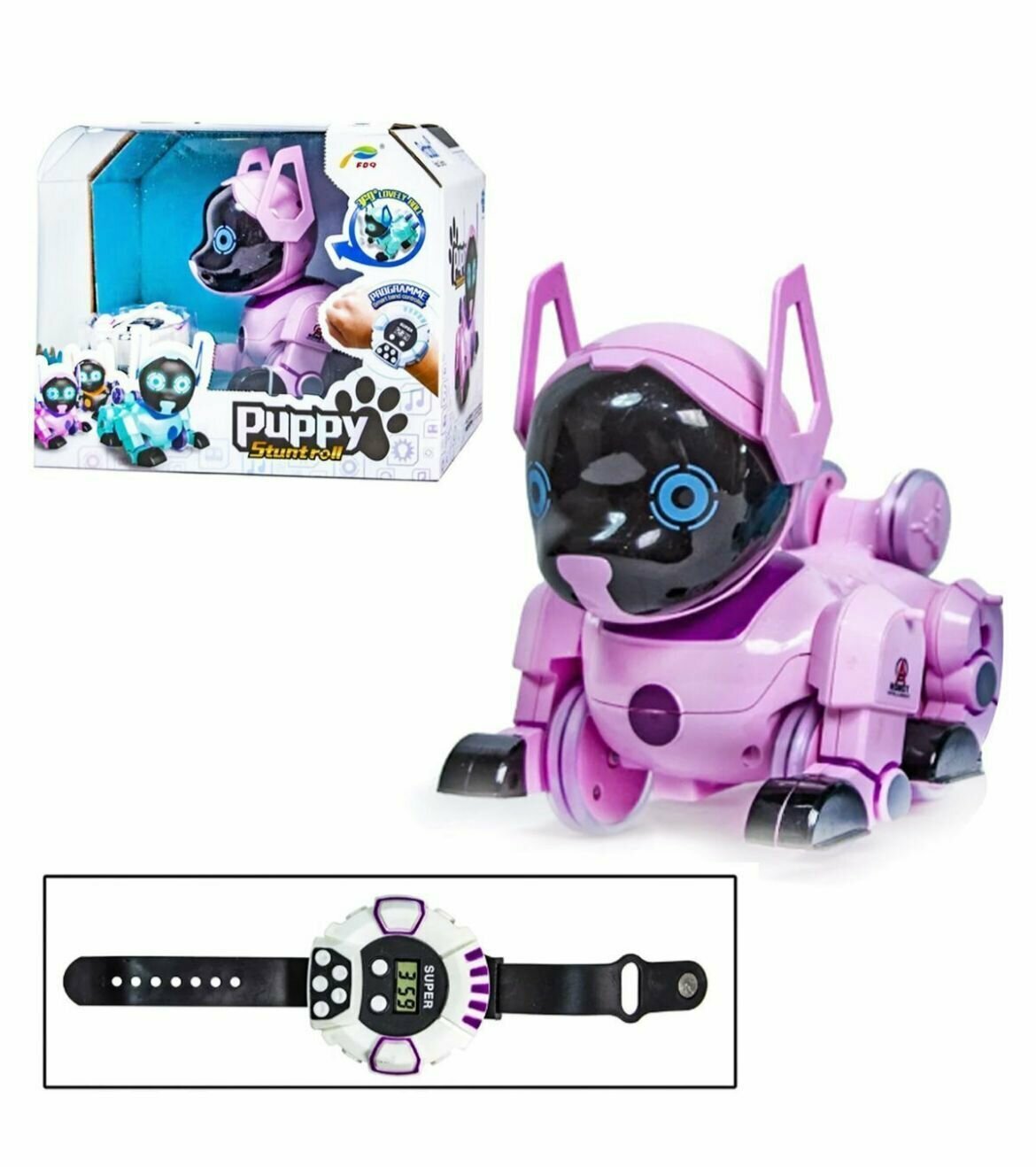 Интерактивная Собака-Робот Puppy щенок управление при помощи наручных часов (розовый)