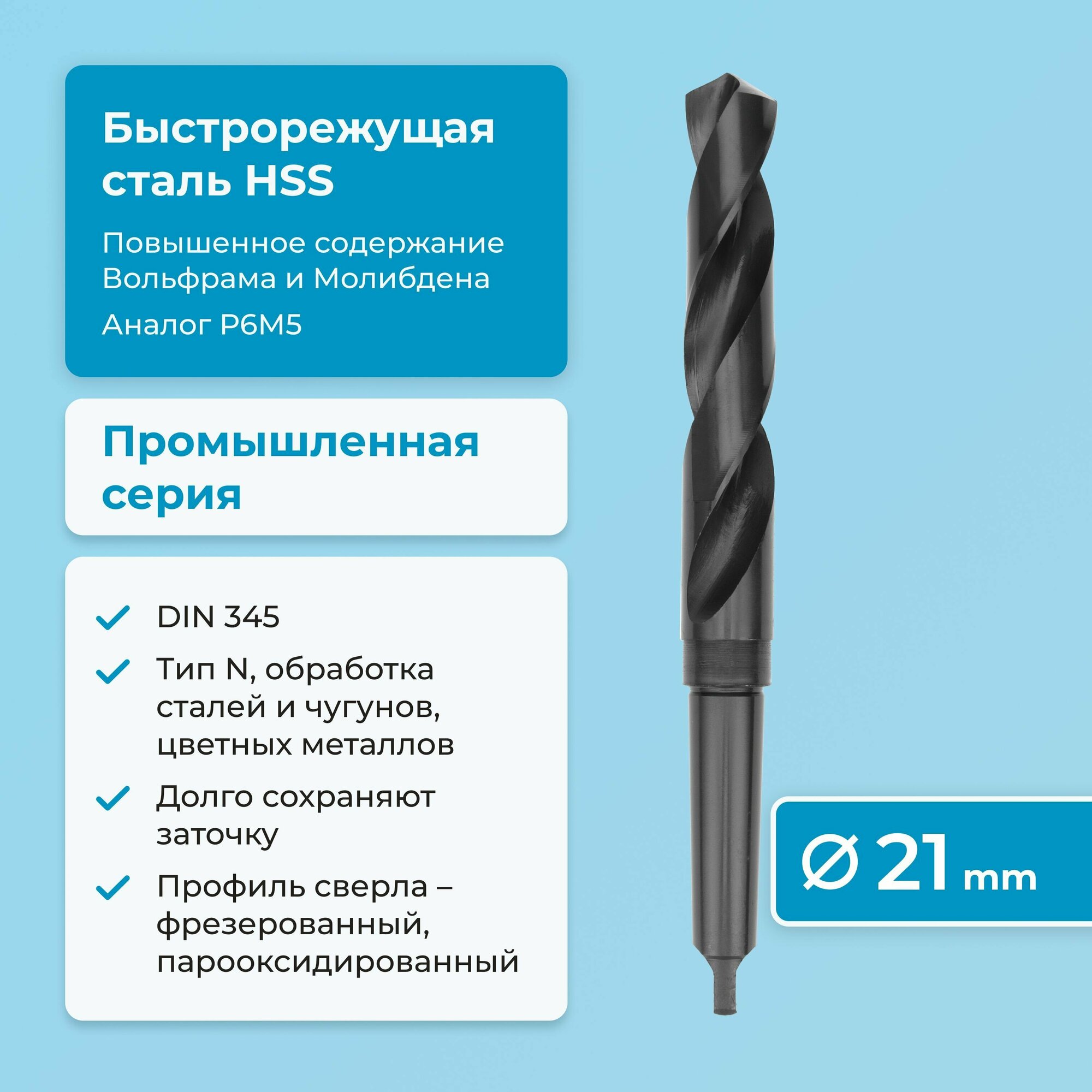 Сверло по металлу 21 мм NORGAU Industrial спиральное HSS фрезерованное с хвостовиком-конус Морзе, правое, DIN 345
