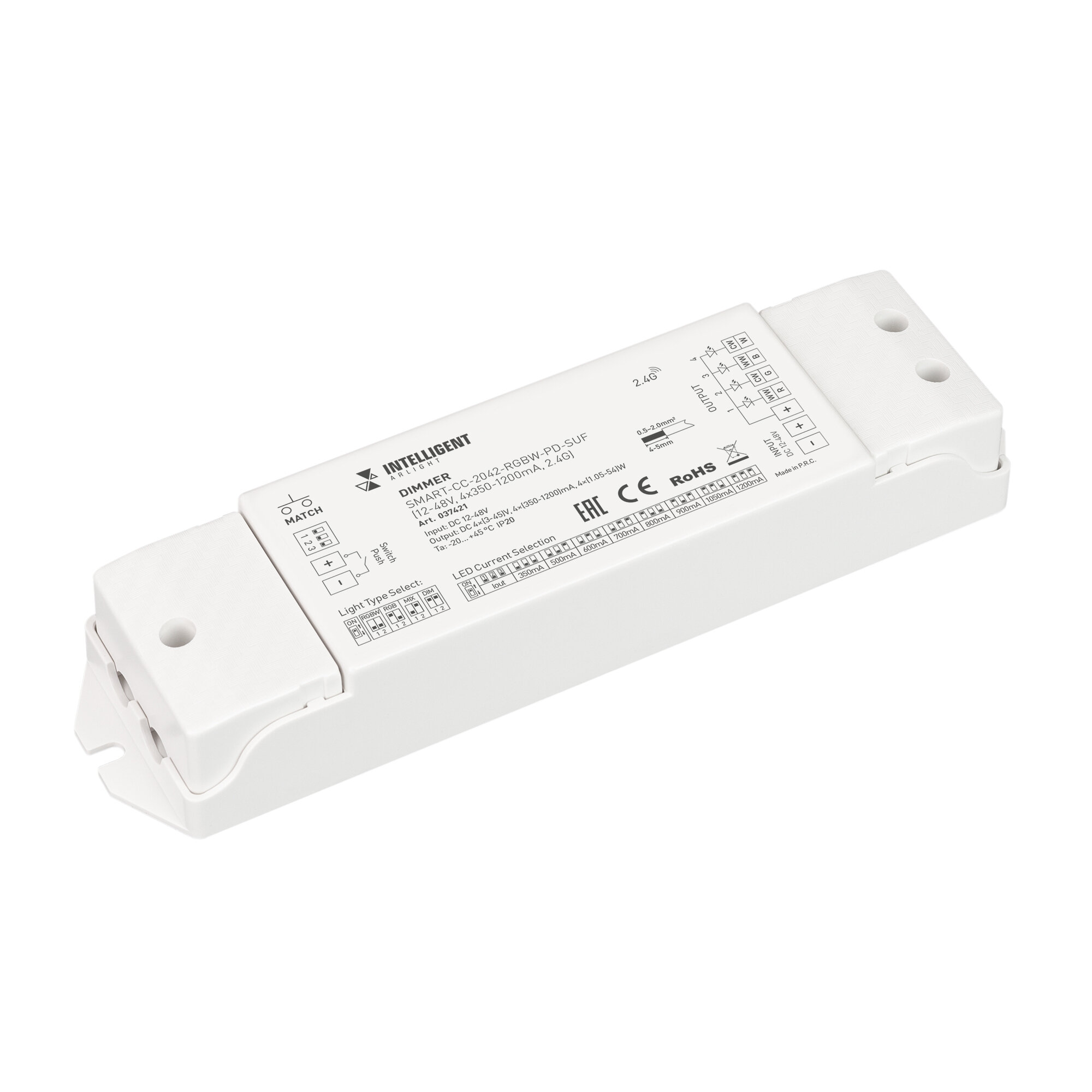 Диммер Arlight INTELLIGENT ARLIGHT Диммер SMART-CC-2042-RGBW-PD-SUF (12-48V, 4x350-1200mA, 2.4G) (IARL, IP20 Пластик, 5 лет)