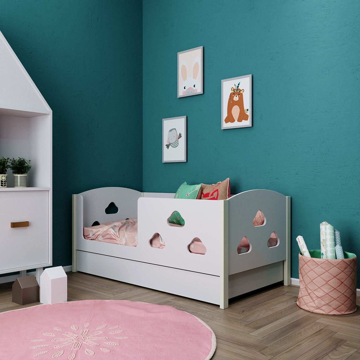 Кровать детская с бортиком и ящиком под матрас 160х80, БазисВуд, облачка