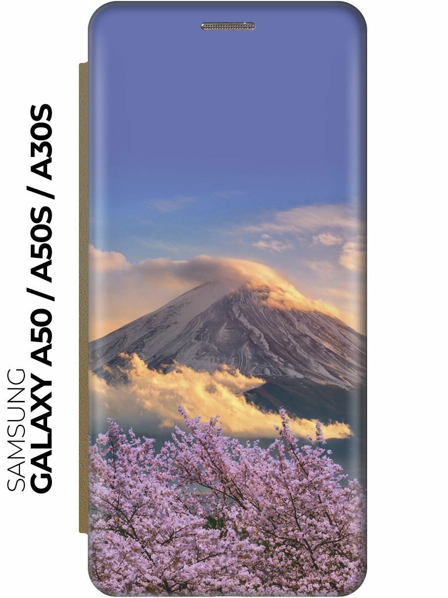 Чехол-книжка Сакура и горы на Samsung Galaxy A50 / A50s / A30s / Самсунг А50 / А30с / А50с золотой