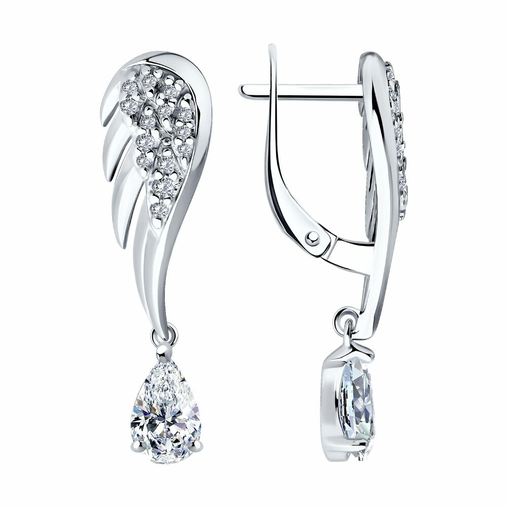 Серьги с подвесками, серебро, 925 проба, родирование, фианит