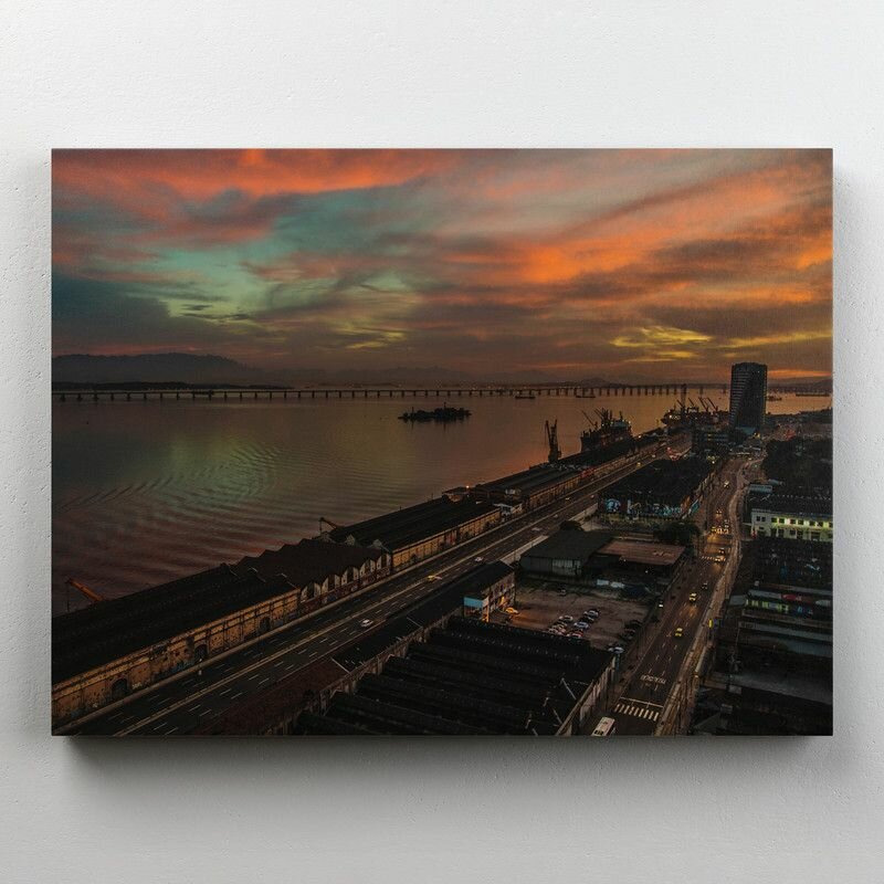 Интерьерная картина на холсте "Порт возле водоема во время заката" размер 30x22 см