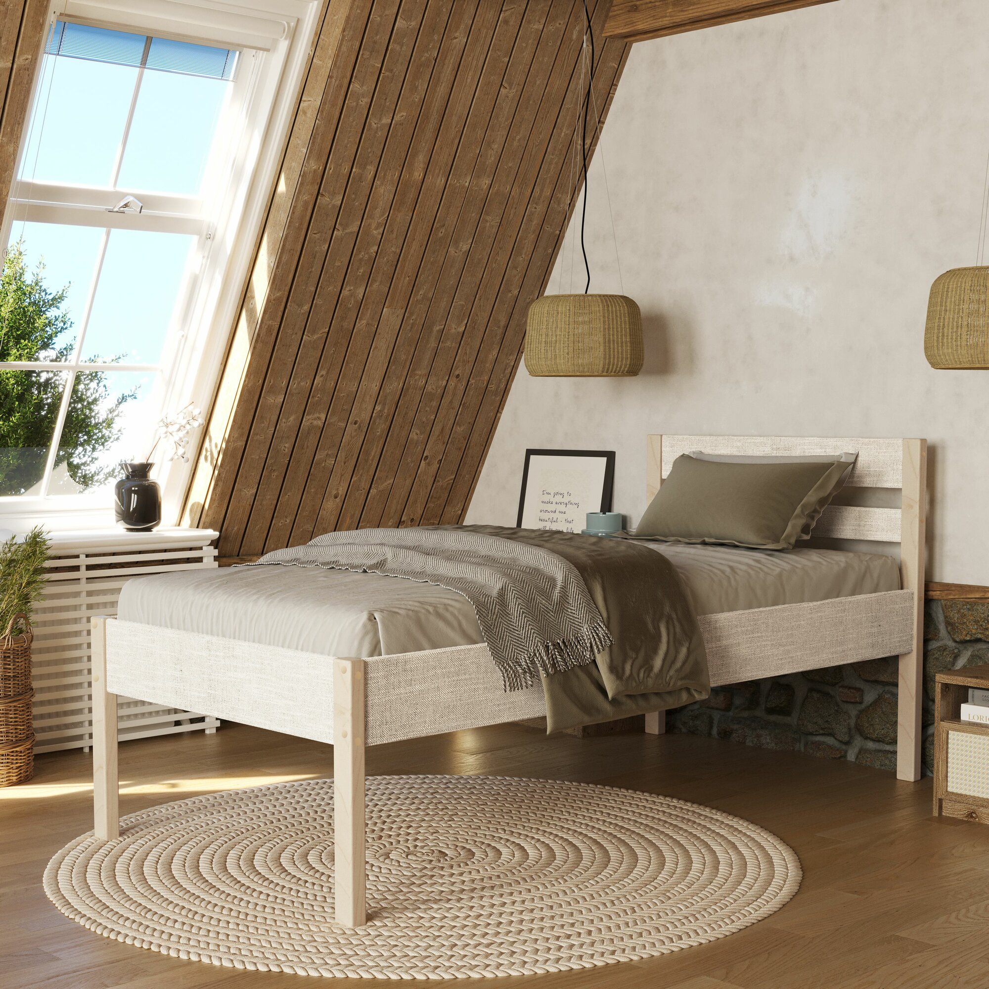 Кровать односпальная, 80х190 см, Hansales, деревянная, высокая, из массива березы, ткань белая