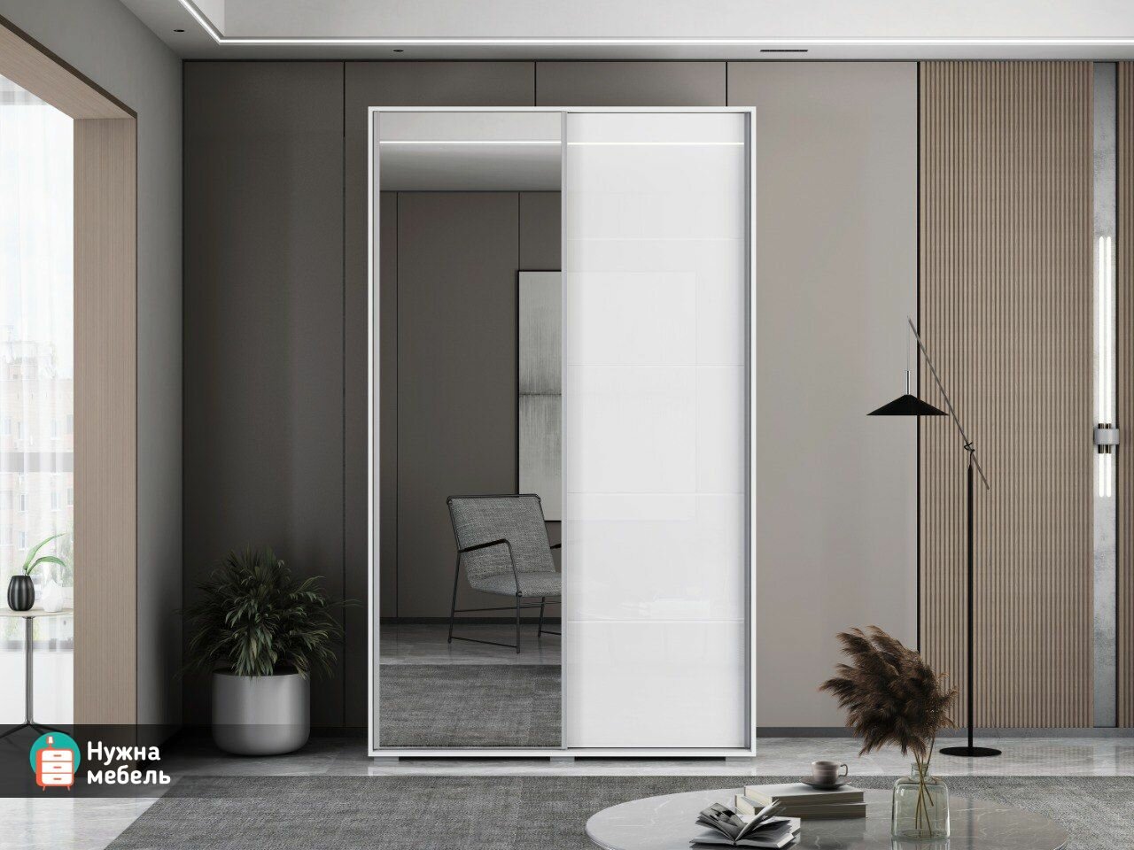 Шкаф-купе для одежды с зеркалом двухстворчатый, Модель Бакс 79 с полками и продольной штангой, Белого цвета, Мебель в спальню, прихожую и гостинную