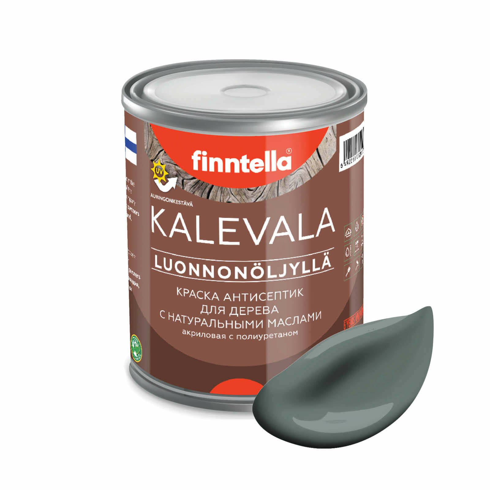 Краска для дерева и деревянных фасадов FINNTELLA KALEVALA, с натуральным маслом и полиуретаном, цвет SALVIA (серо-зеленый) , 0,9л