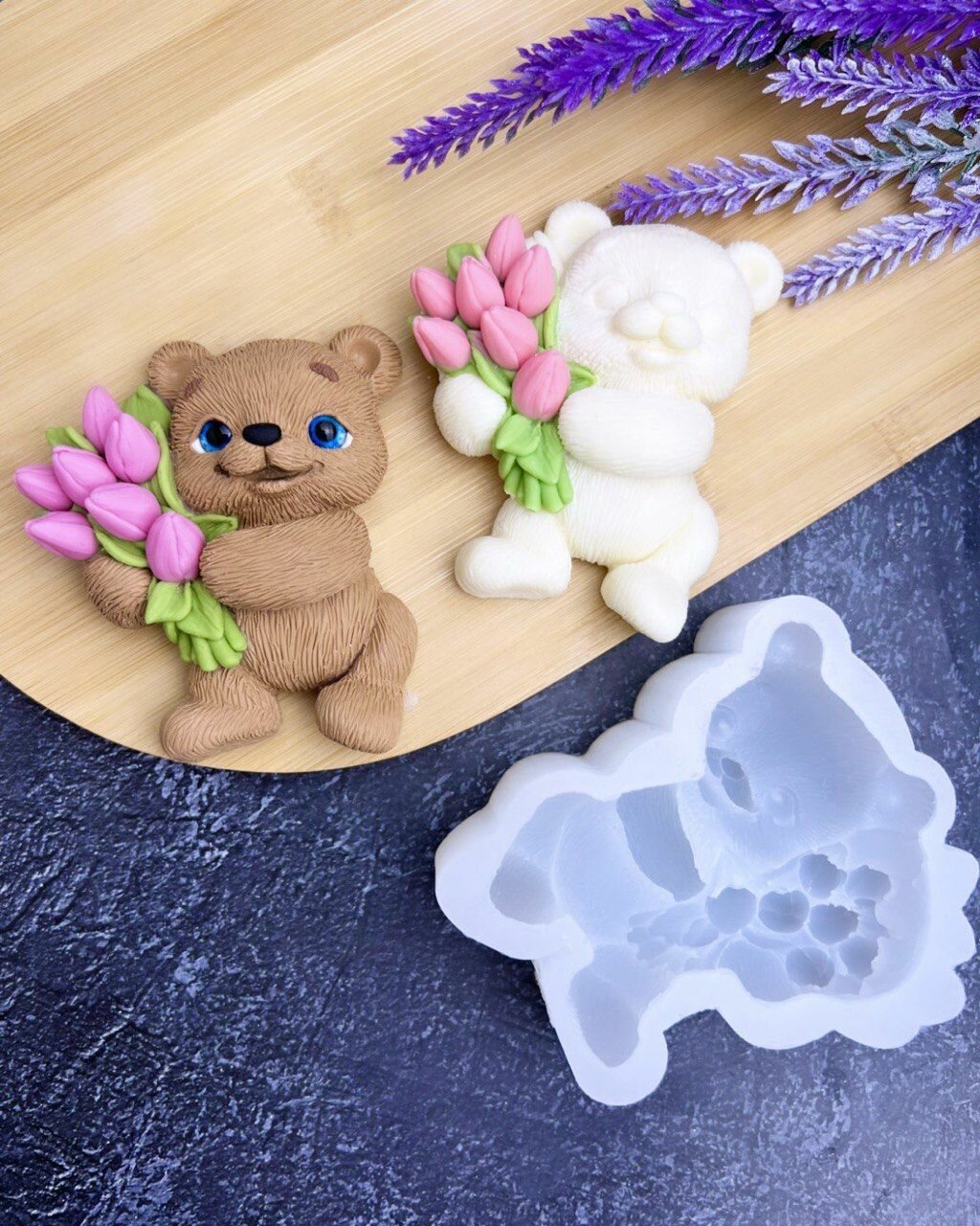Силиконовый молд Мишка с букетом 2Д