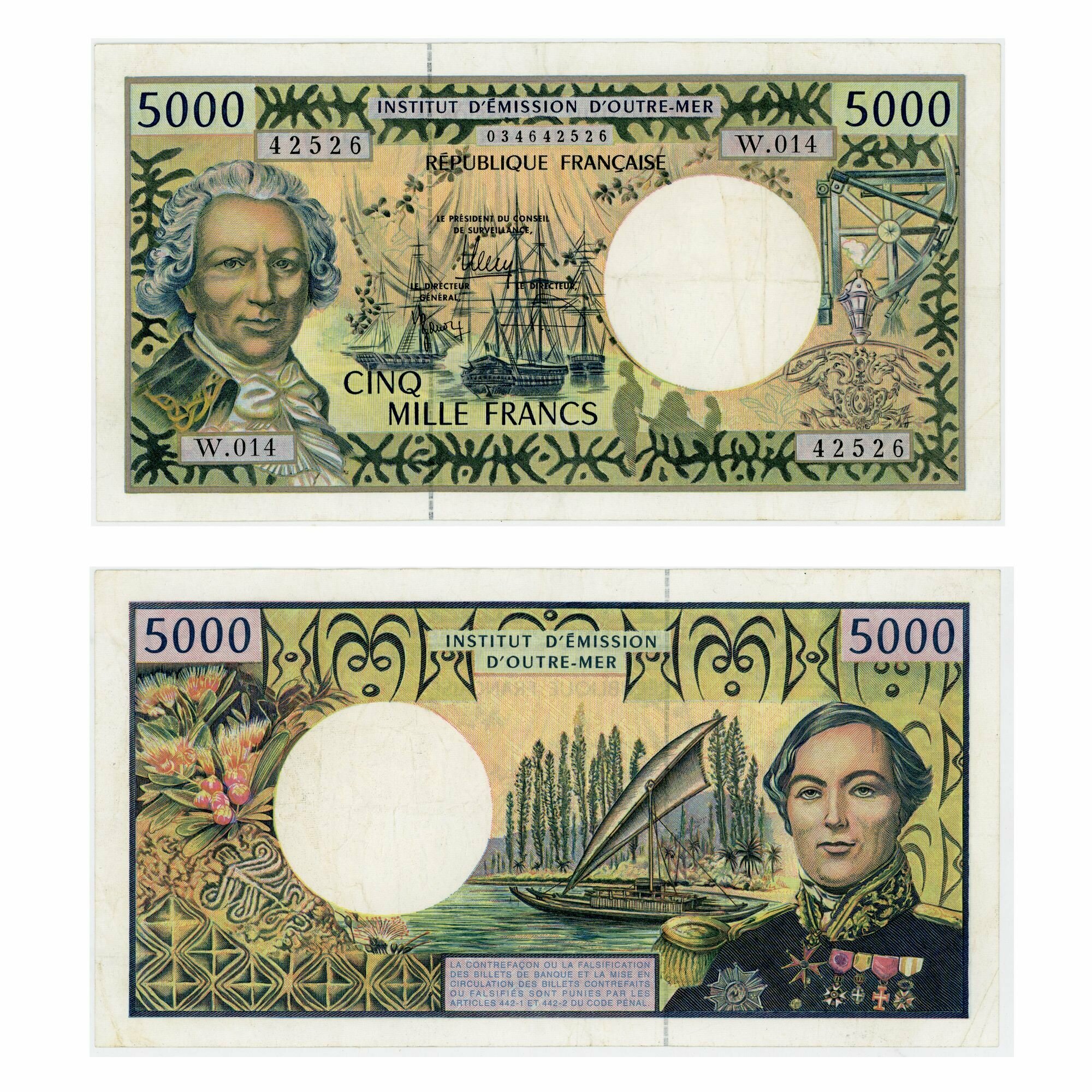 Банкнота Новая Каледония 5000 франков CINQ MILE FRANCS 1971-84 гг. Extremely Fine (XF) Pick 65