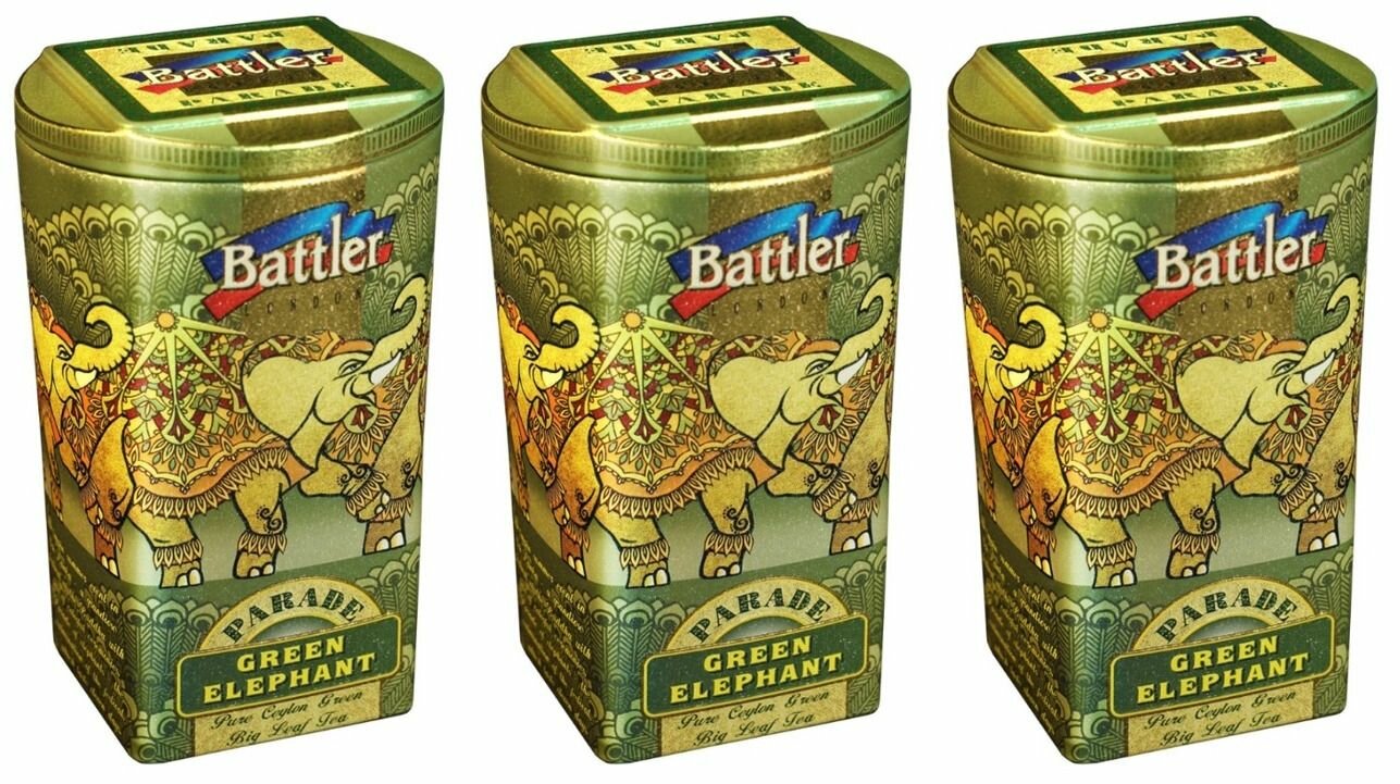Battler Чай зеленый листовой Парад слонов зеленых, 100 г, 3 упаковки