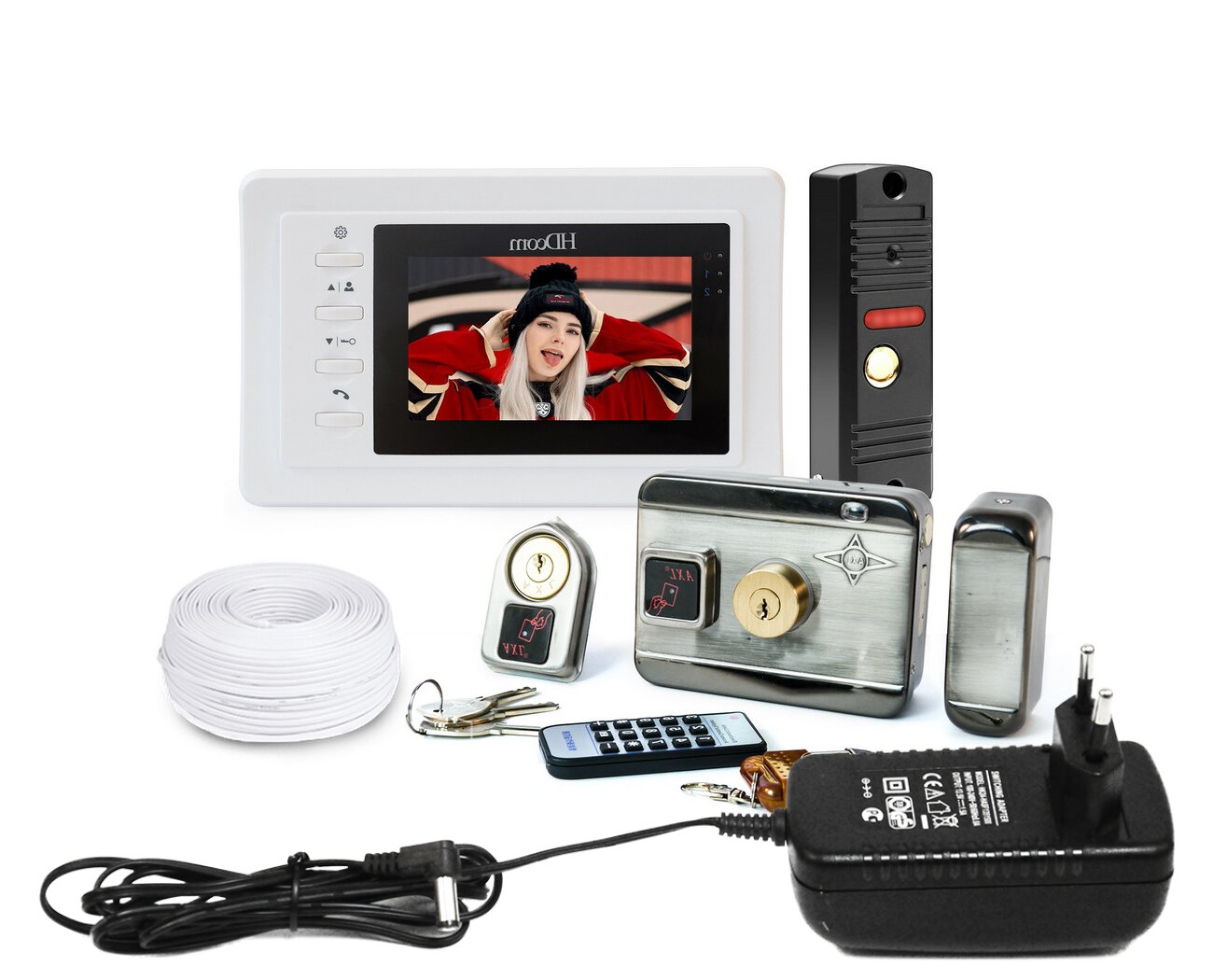 Набор: видеодомофон с вызывной панелью HD ком W(417)NM и AX-(066) (бел) (F1784EU) и электромеханический замок для дома и квартиры