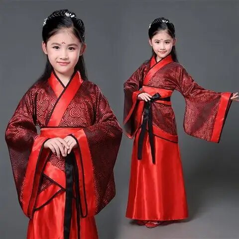 Детский китайский танцевальный костюм ханьфу красный синий 120 fit 110-120cm, as picture