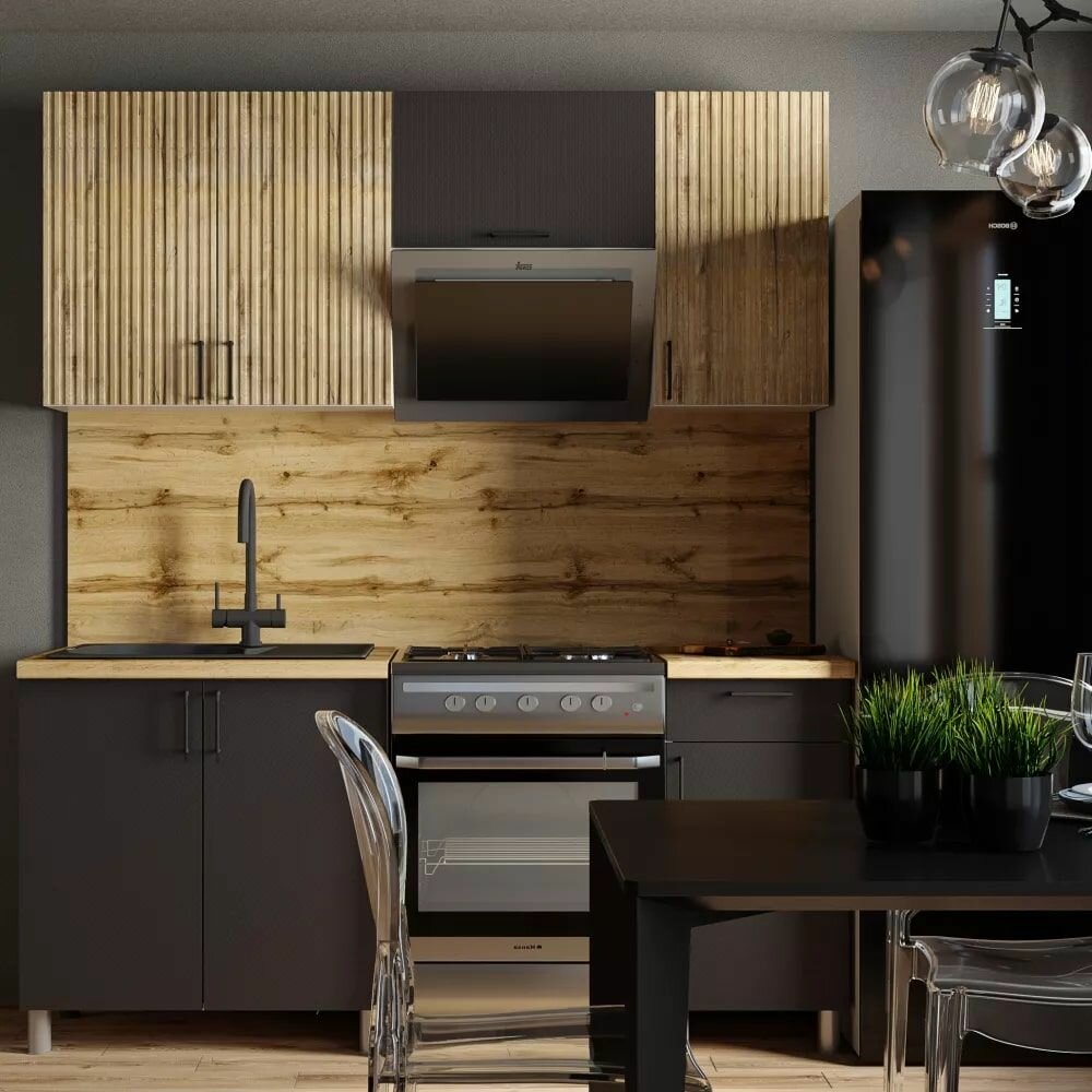 Кухня Кантри без столешницы 1.8 м Дуб канадский/Карбон вулкан с окапом 1800х430х2170 тэкс