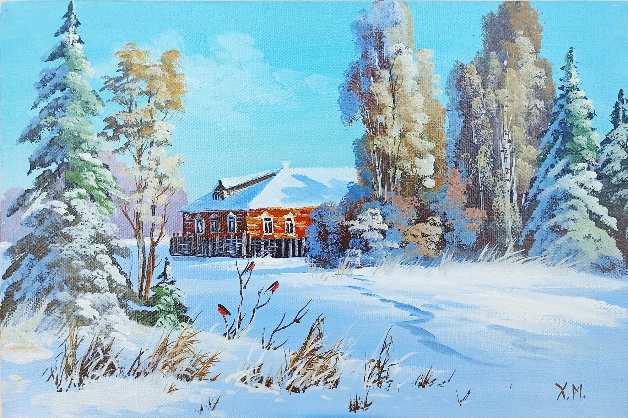 Картина масло/холст. 100% ручная работа, 100% живопись от Художественной мастерской Грëзы. Картина из серии "Деревенские пейзажи". Зима. Домики. Размер картины 20х30 см.