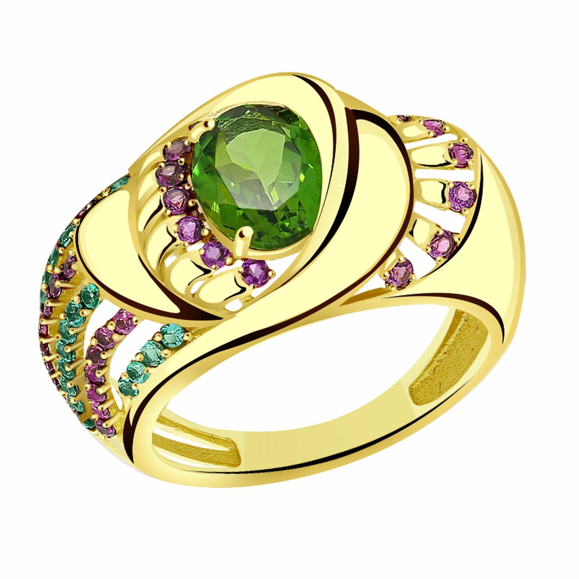 Кольцо, желтое золото, 585 проба, изумруд, турмалин, родолит