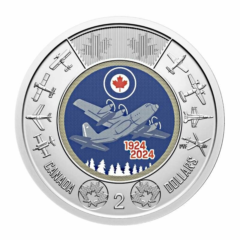 2 доллара Канады 2024 г. 100 лет Королевским военно-воздушным силам Канады цветная