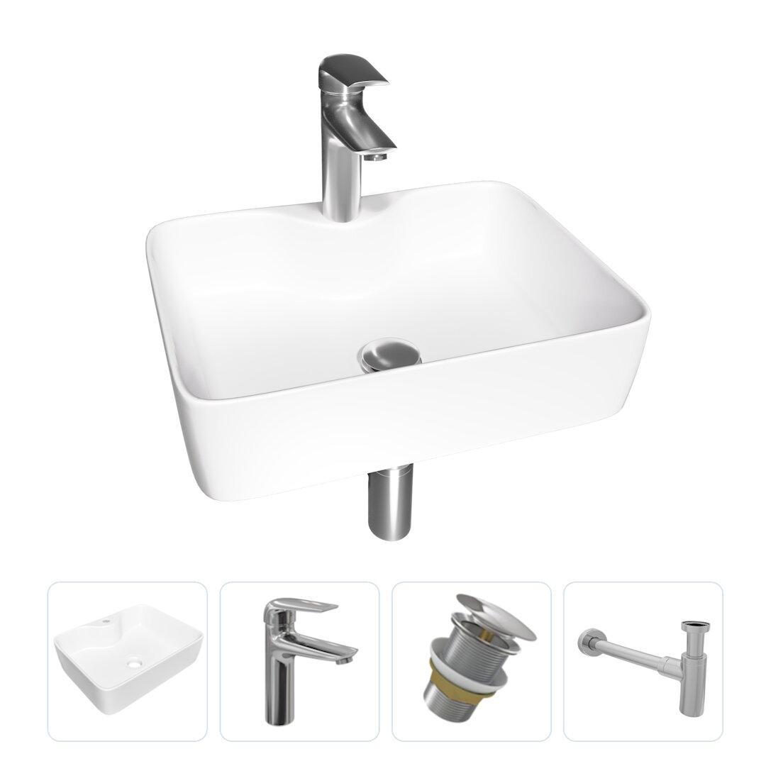 Раковина накладная для ванной Teymi Helmi S 48 в комплекте смеситель хром донный клапан клик-клак без перелива хром и сифон хром F13099