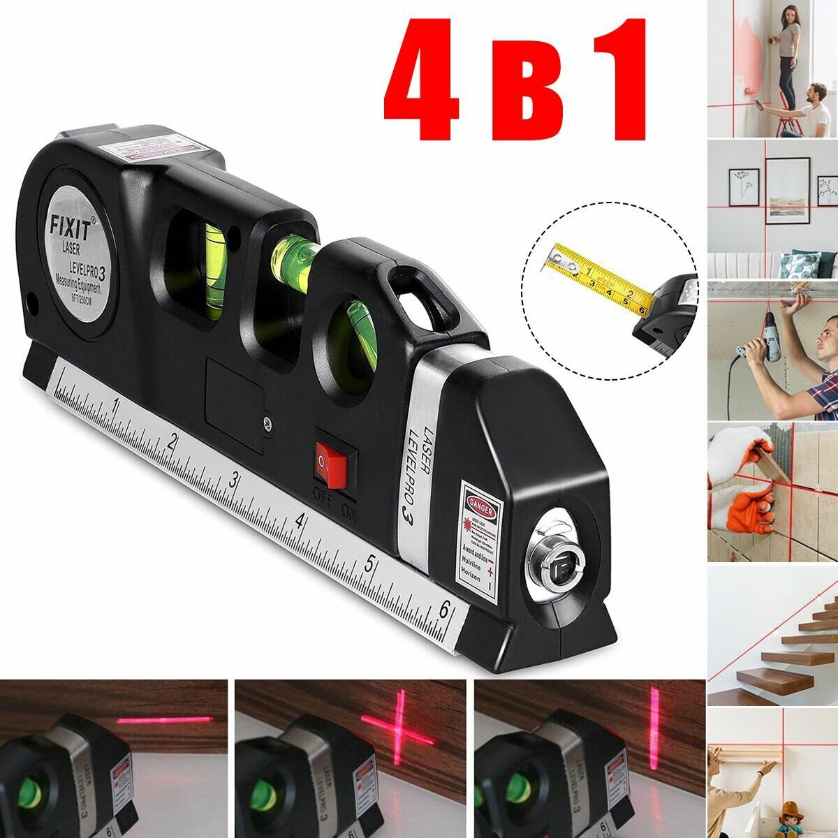 Многофункциональный лазерный уровень с линейкой и рулеткой 2,5 м Laser Level Pro 3. Красный луч.