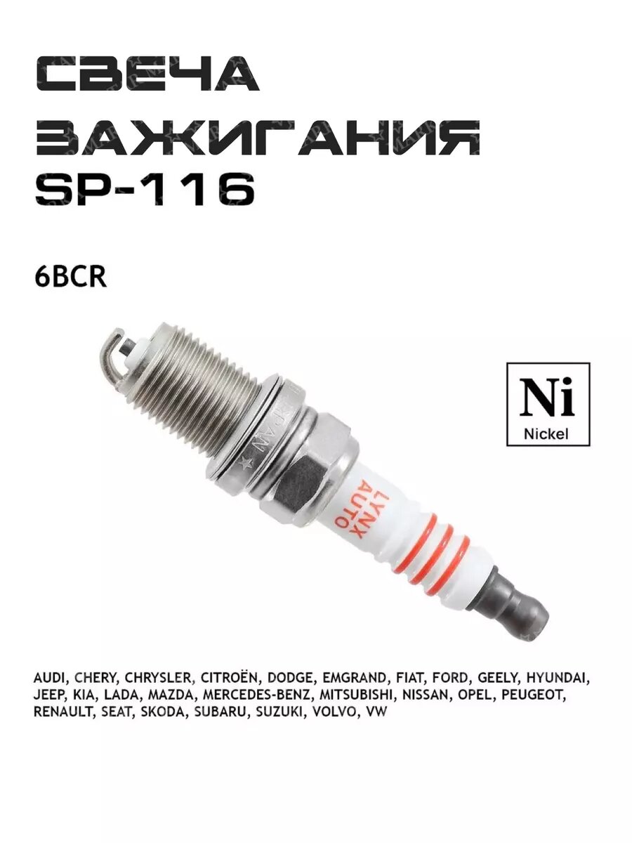 Свеча зажигания LYNXAuto для Chery, Kia, Renault, LADA, никелевые электроды