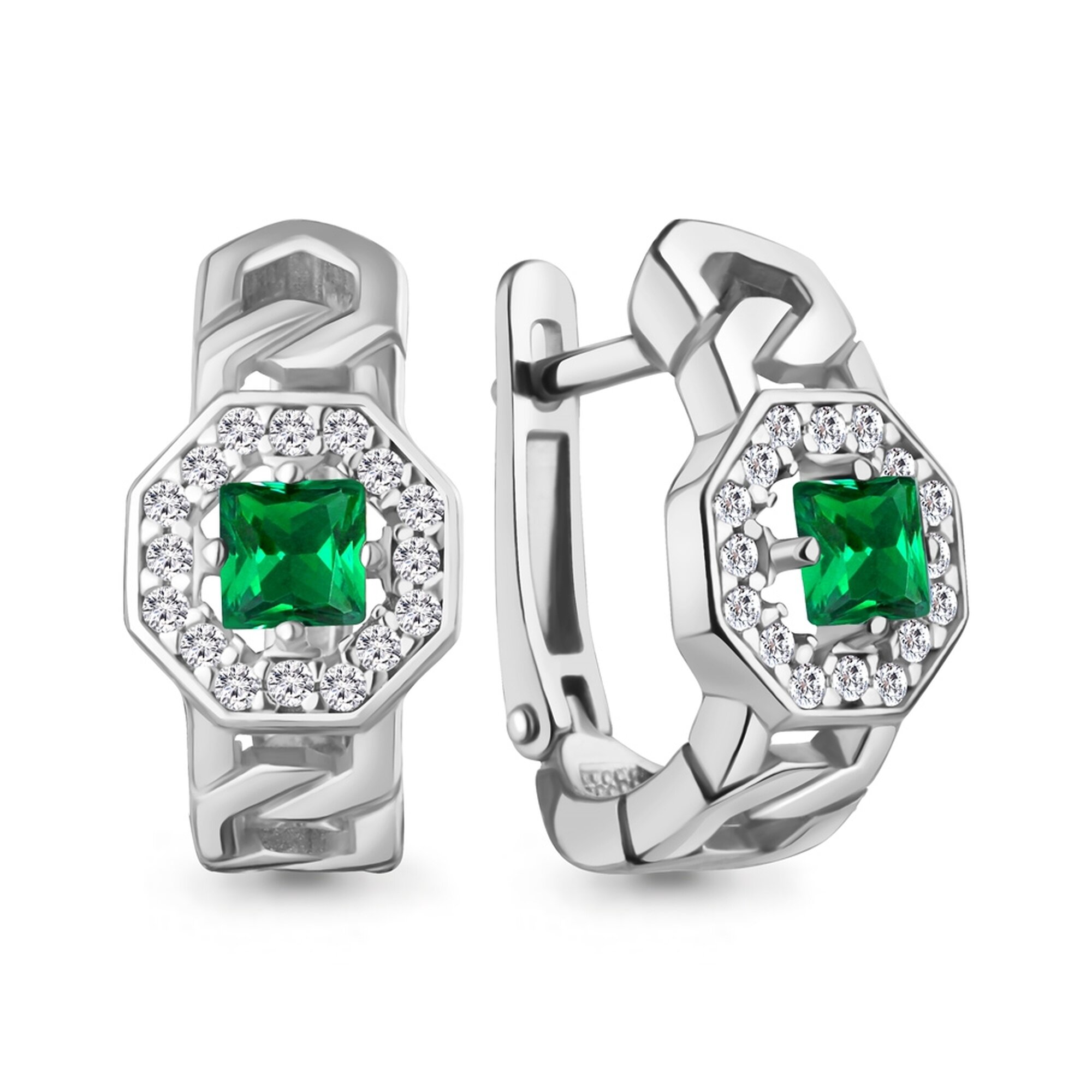 Серьги, серебро, 925 проба, родирование, фианит, изумруд синтетический