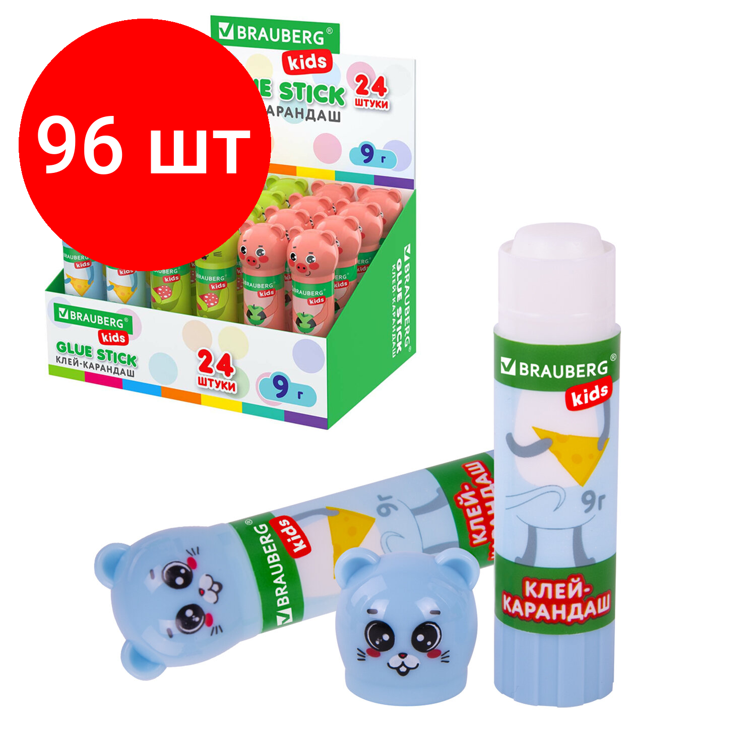 Комплект 96 шт, Клей-карандаш "Зверята: кошка, мышка, хрюшка", 9 г, фигурный колпачок, BRAUBERG KIDS, 271138