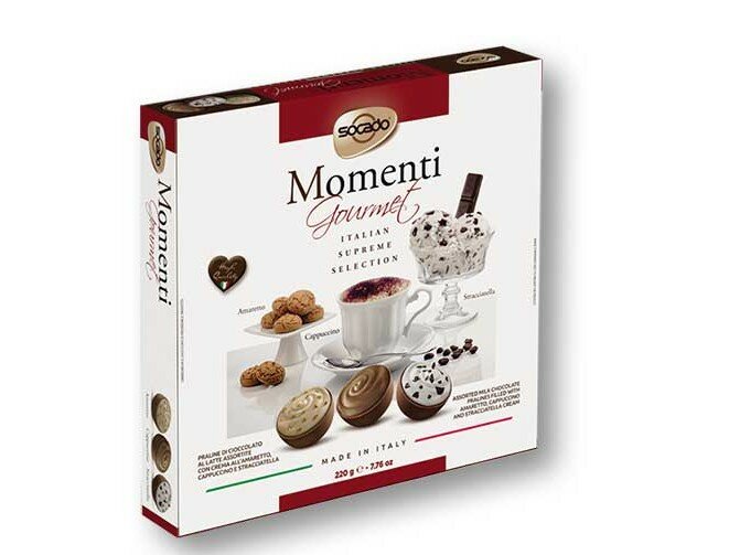 Конфеты SOCADO ассорти пралине с кремом капучино, тирамису, амаретто и страччателла "Momenti Gourmet"/картон/ 220г