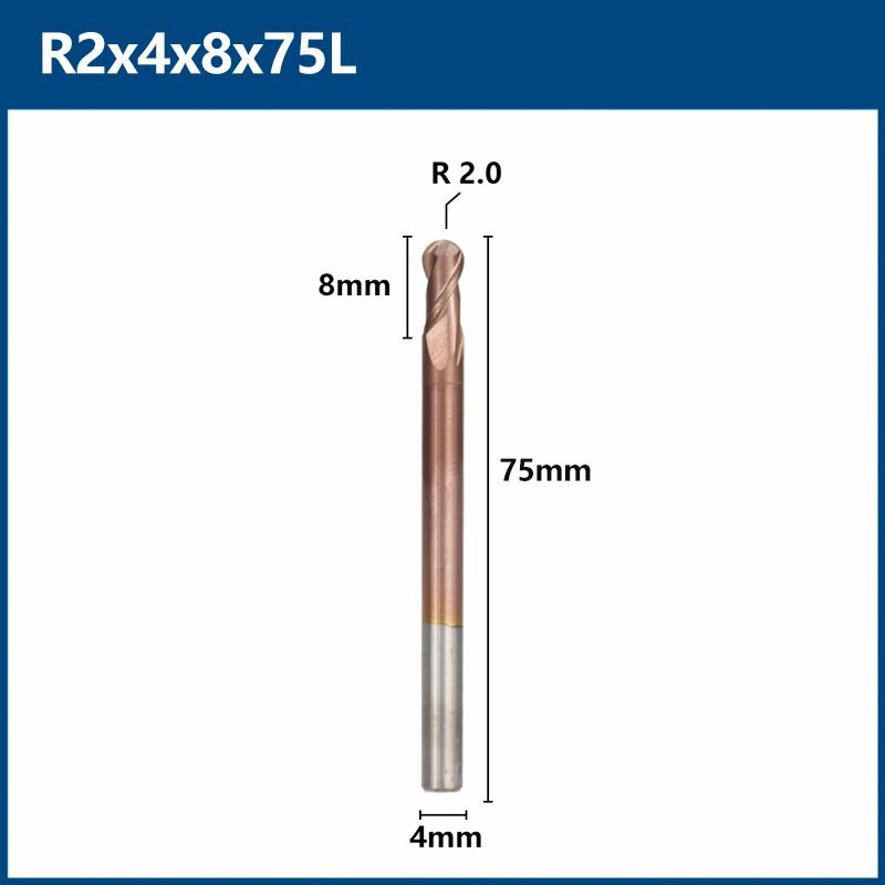 Фреза спиральная сферическая двухзаходная XCAN, 4хR2,0х8х75 мм, 50 градусов, вольфрамовый сплав с бронзовым покрытием