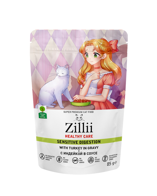 "ZILLII HEALTHY CARE Sensitive Digestion" с индейкой в соусе" влажный корм для кошек с чувствительным пищеварением