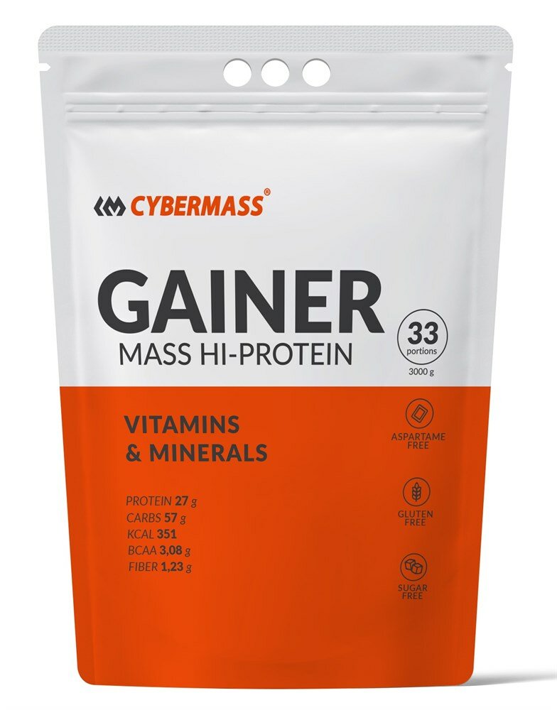 Гейнер для набора мышечной массы и веса CYBERMASS MASS GAINER на сложных углеводах без сахара, Банан, 3000г 33 порции