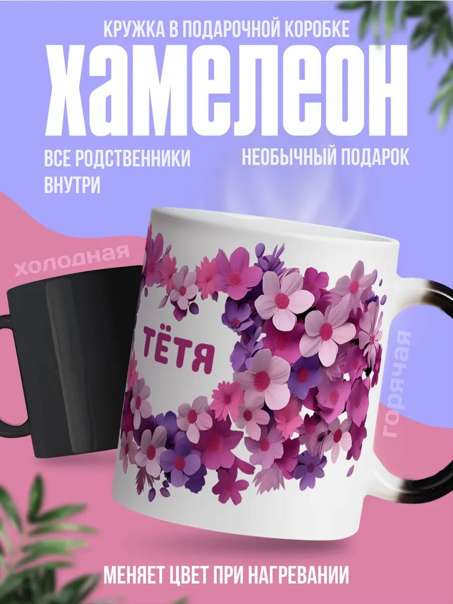 Кружка хамелеон с принтом и надписью, подарок на день рождения "Сердце из цветов - тетя"