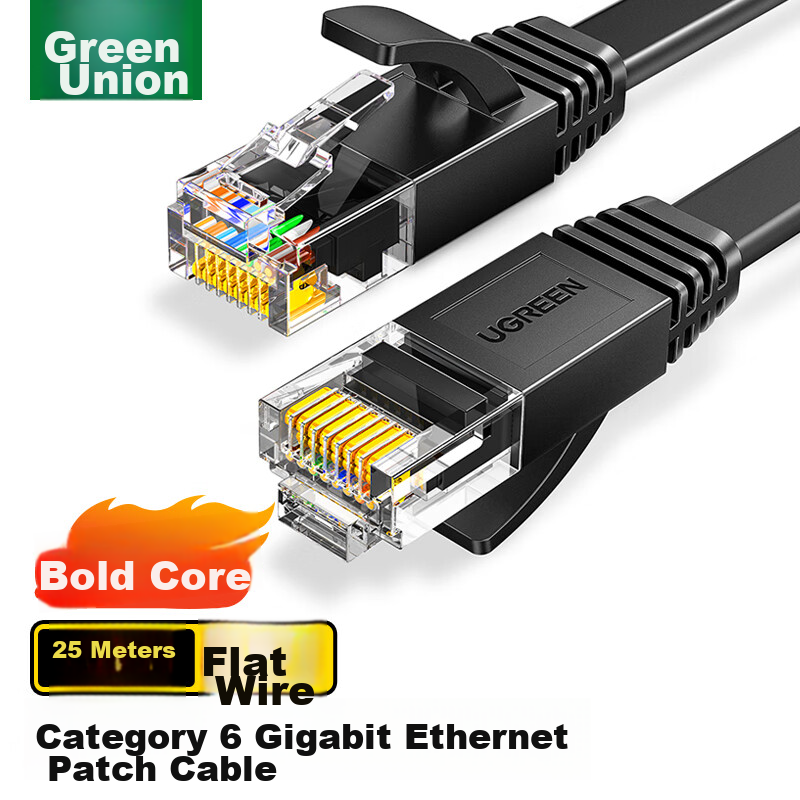 UGREEN CAT6 Ethernet Cable, Gigabit Network Broadband Cable, CAT6 Flat Network Cable for Home Computer Monitoring, 8-Core Twisted Pair Patch Cord, 25 Meters, Black