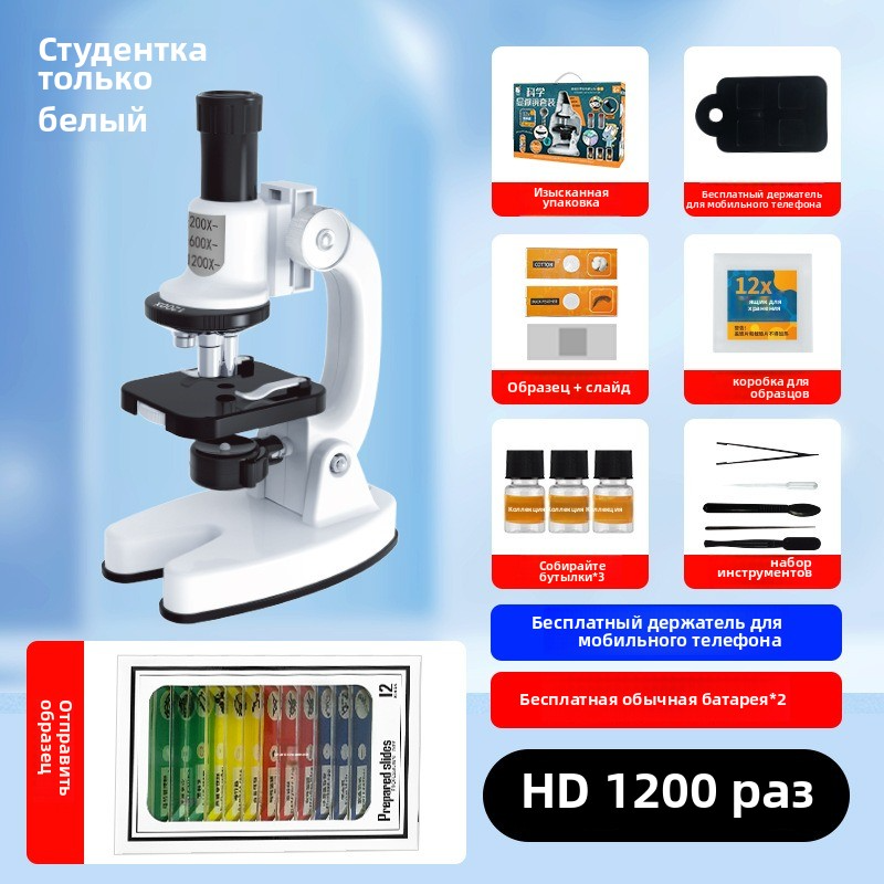 Школьный микроскоп 1200x для детей и студентов с образцами и аксессуарами — учебный оптический набор